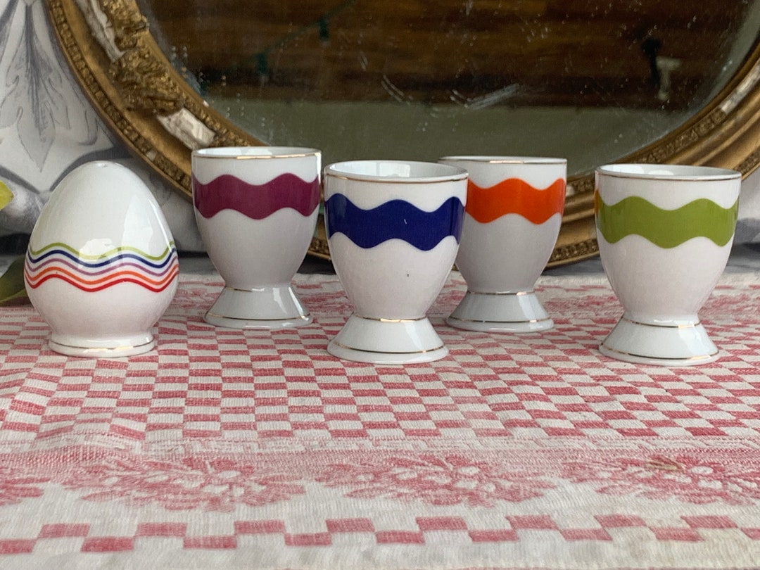 Set of Four French Vintage Egg Cups With Colourful Design Matching Salt ...