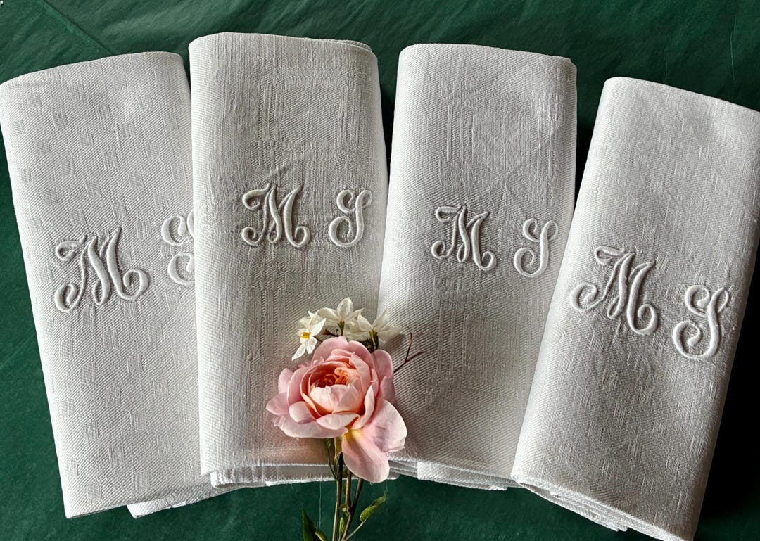 Four French Antique Large Square Linen Napkins Monogrammed "mj" / Four ...