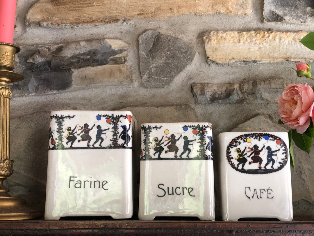 Three French Vintage Ceramic Lidless Canisters / Whimsical Illustration ...