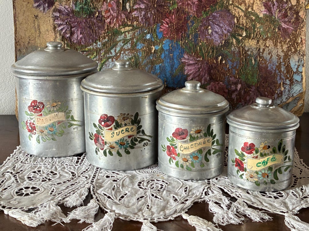 Set of Four Aluminium French Vintage 1940s Canisters / With Hand ...