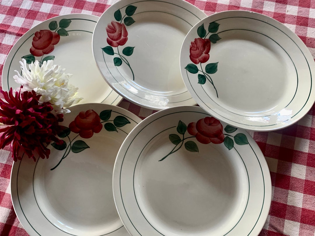 Five French Vintage 1930s Dark Pink Roses on White Floral Plates ...