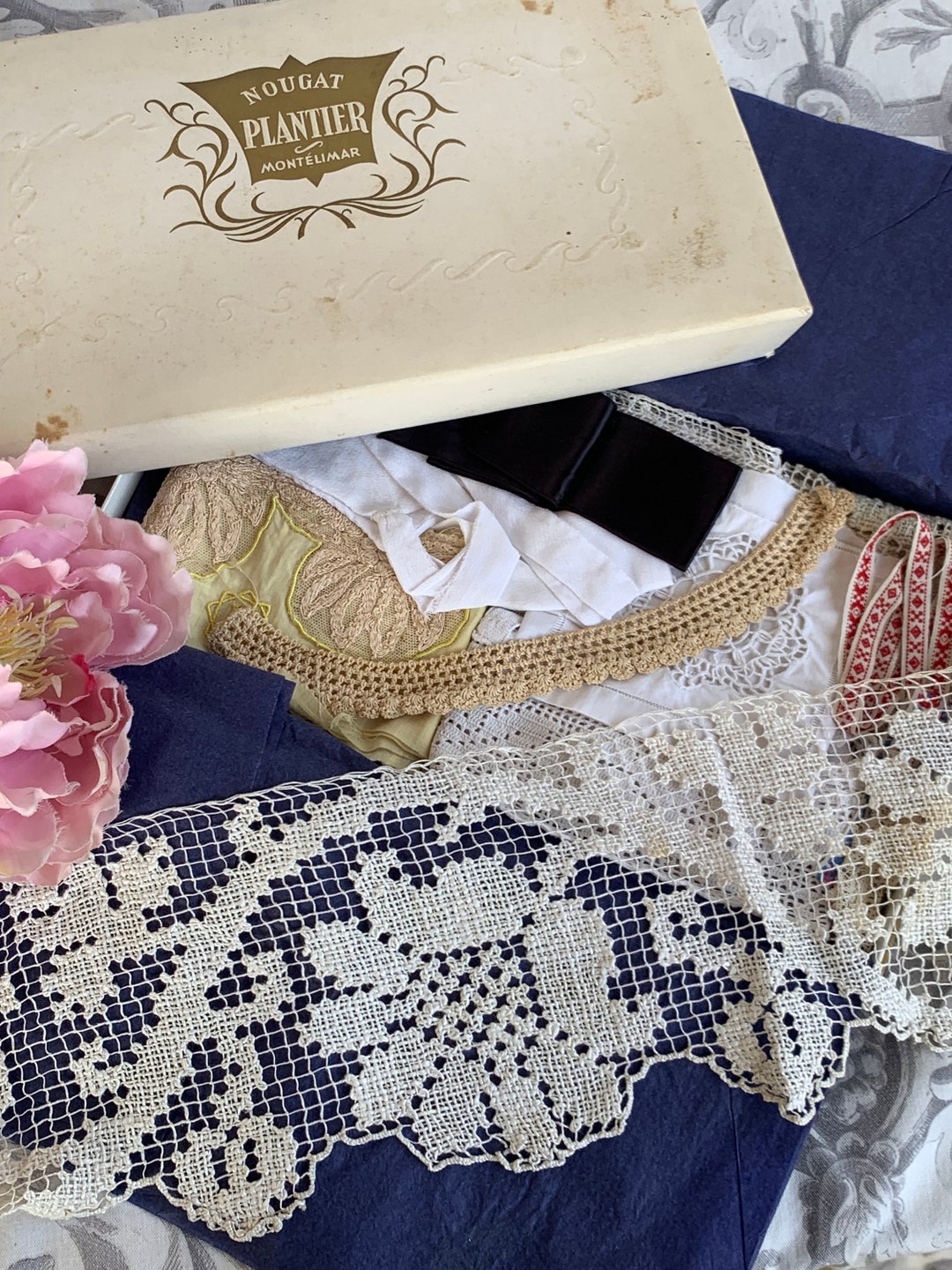 French Antique Sweet Box With Several Pieces of Various Lace Pieces ...