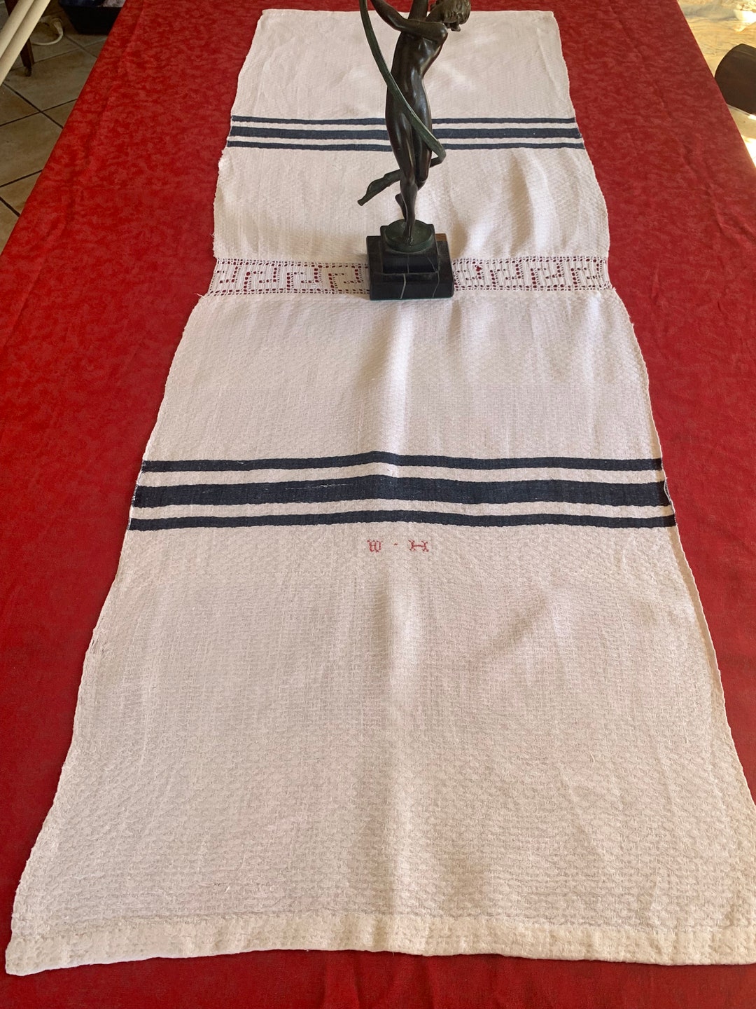 Very Long French Antique Blue & White Linen Table Runner With Lace ...