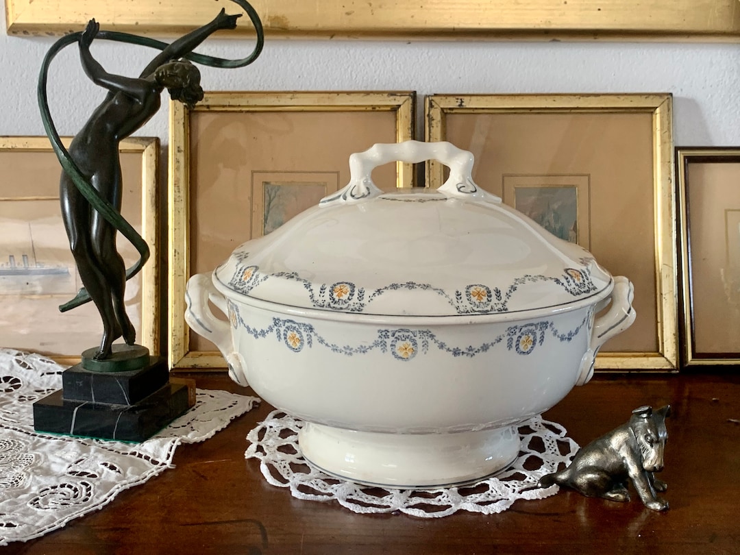 French Antique Circa 1900s Tureen With Blue & Orange Hand Painted ...