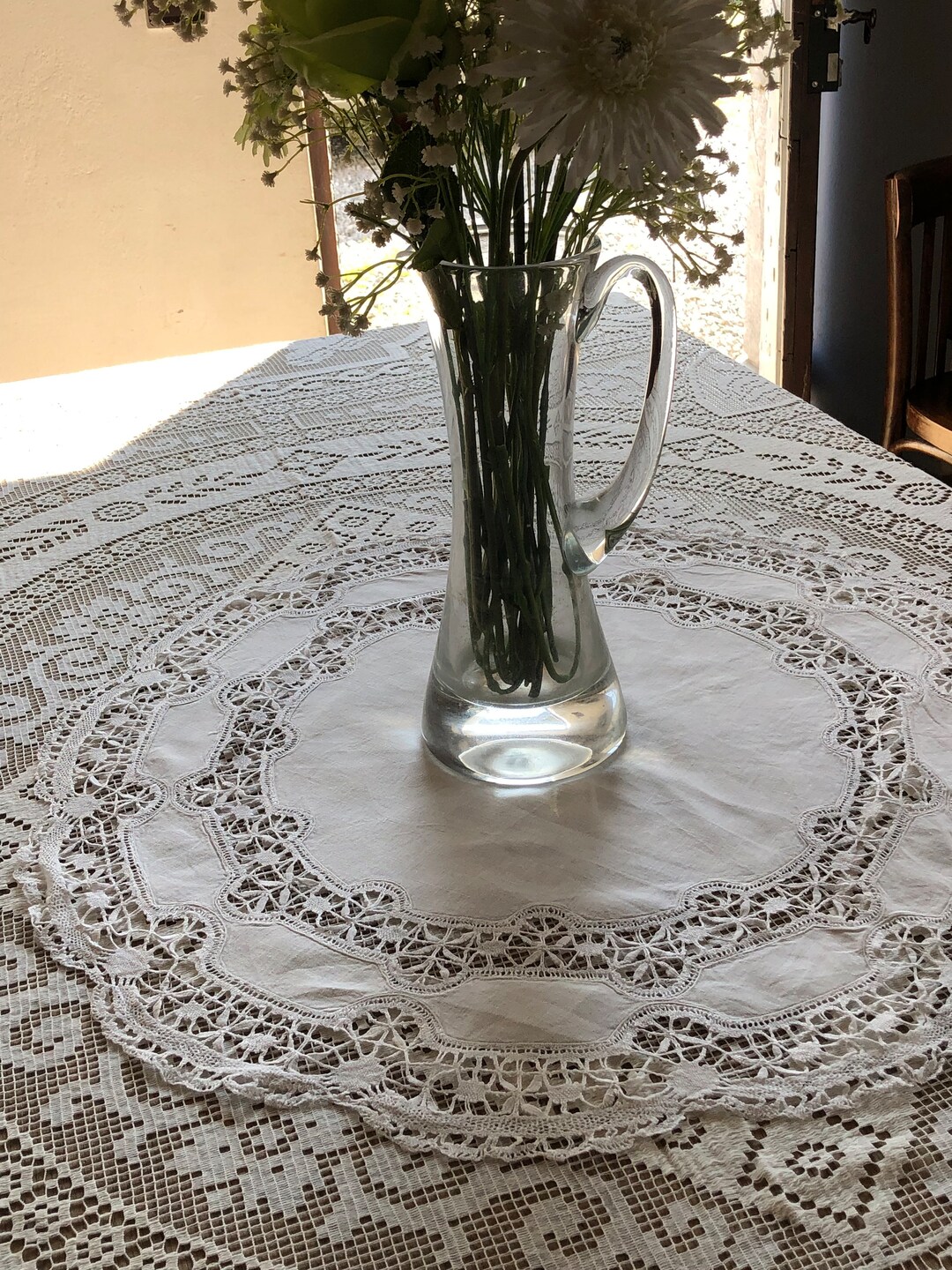 Large Round French Vintage Linen & Lace Table Centrepiece / Delightful ...