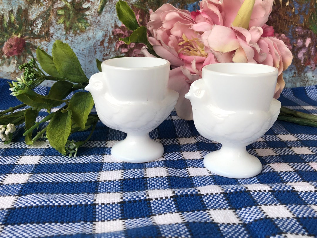 Two French Vintage Milk Glass Egg Cups With Cute Hen Detail / Fun Retro ...