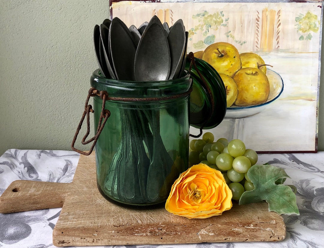 French Vintage Thick Green Glass Jar by Solidex / Lovely, Chunky Old ...