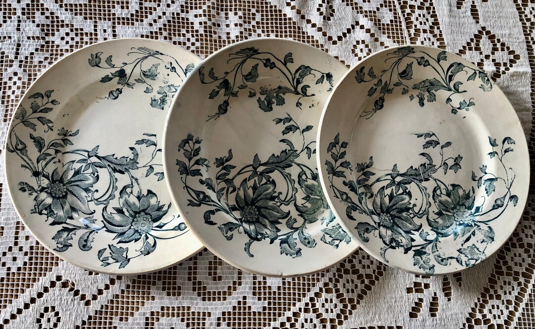 Three French Antique Blue and White Dinner Plates With Beautiful Floral ...