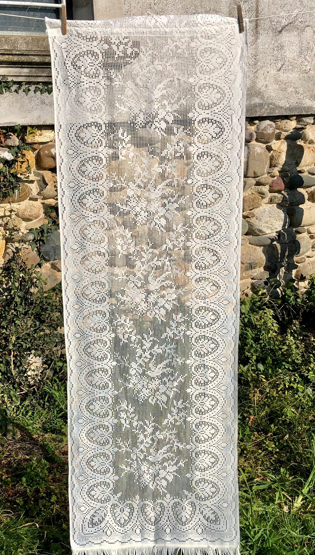 Long French Vintage off White Net Panel / Lovely Design With Birds ...