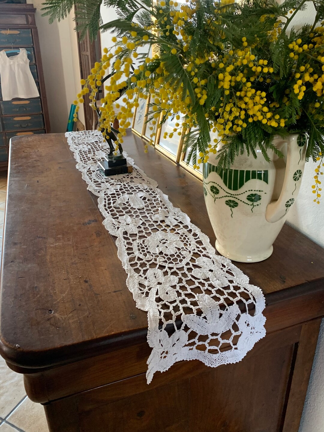 French Vintage Long & Narrow White Crocheted Table Runner / Charming ...