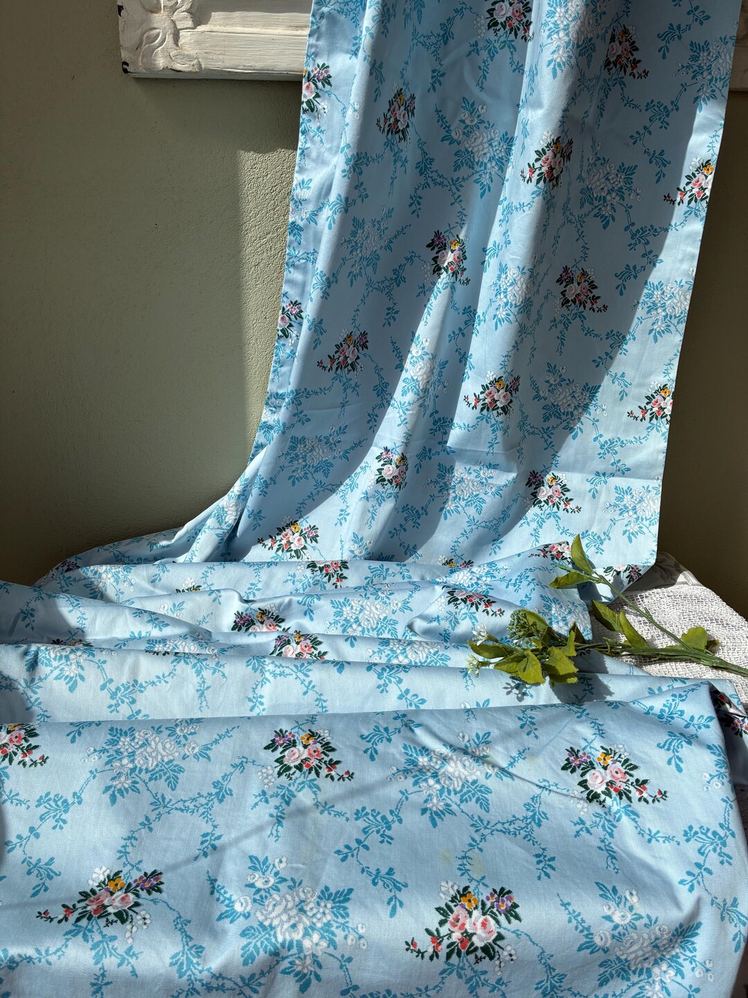 Long Narrow French Vintage Gorgeous Pale Blue Curtain With Floral ...