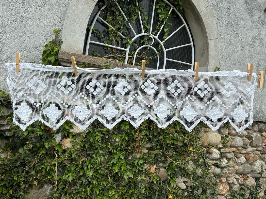 Small French Vintage White Filet Net Lace Curtain Panel With Pretty ...