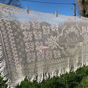 French Vintage White Embroidered on Filet Net Window Panel / Unique ...