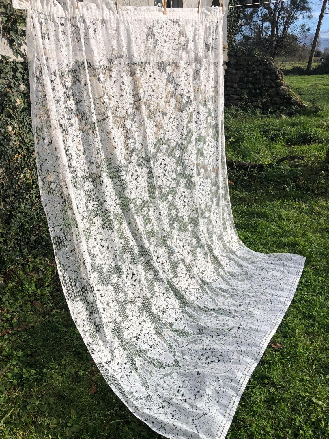 French Vintage White Net Curtain Panel With Large Floral Detailing ...