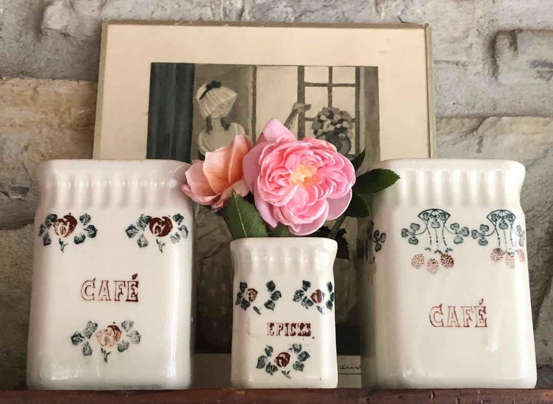 Three French Antique Ceramic Small Lidless Canisters in a Classic Art ...