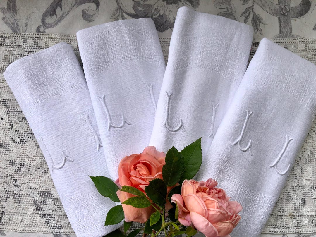 Four French Antique Large Square Linen Napkins Monogrammed "ll" / Four ...