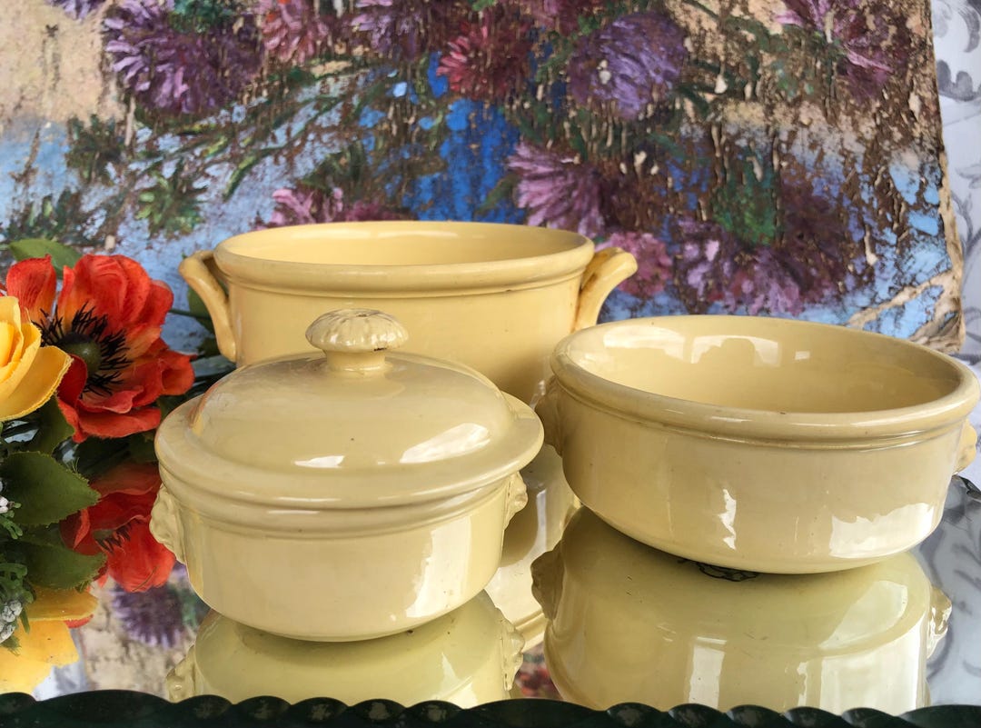 Three Small French Antique Yellow Glazed Clay Terracotta Pots ...