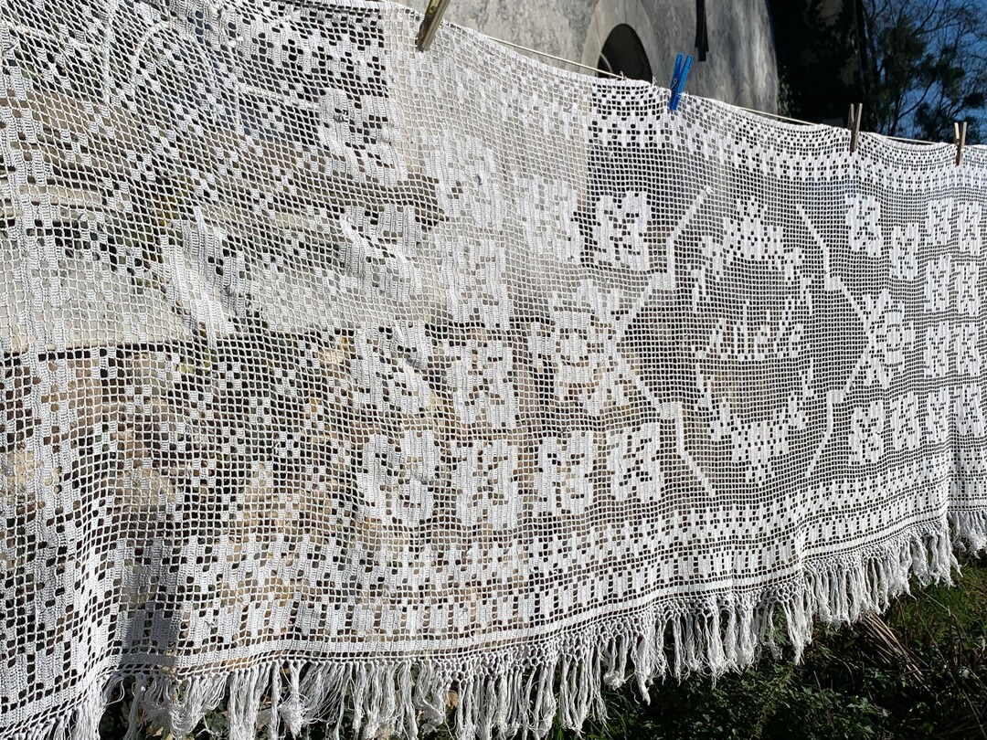 French Vintage White Embroidered on Filet Net Window Panel / Unique ...