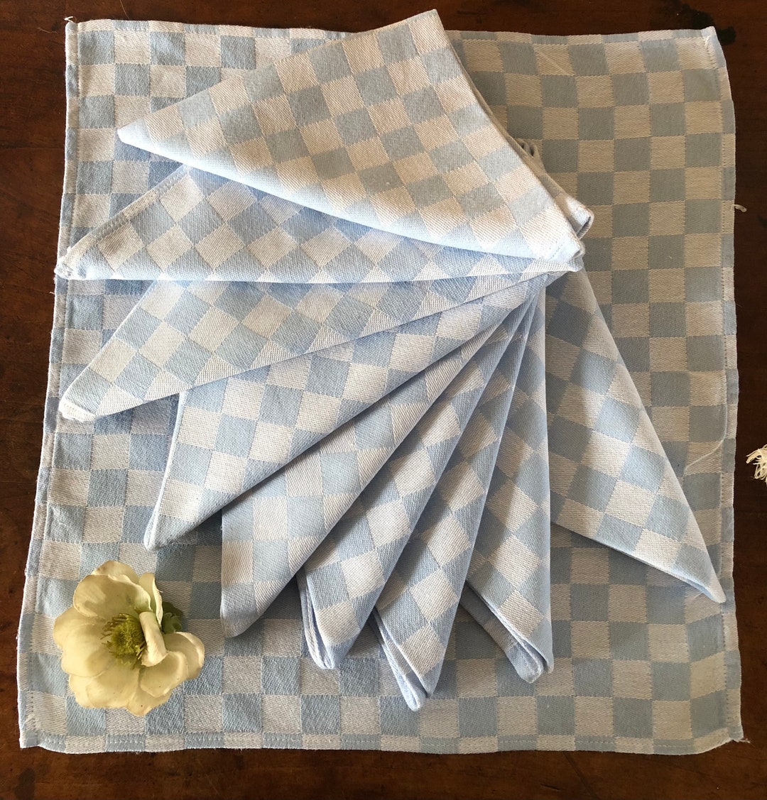Six French Vintage Small Square Blue and White Check Cotton Napkins ...
