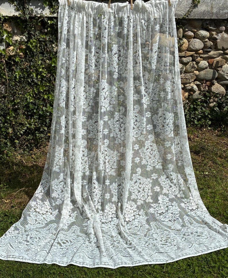 French Vintage White Net Curtain Panel With Pretty Floral Detailing ...