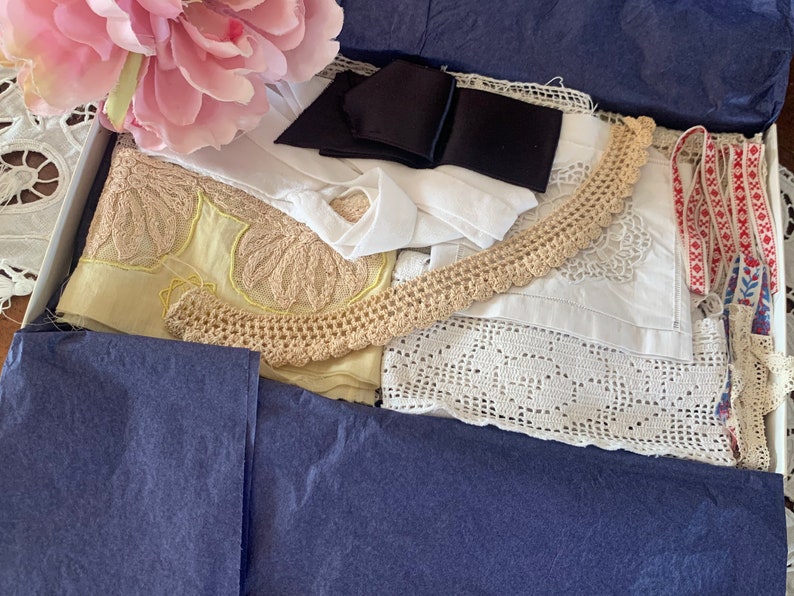 French Antique Sweet Box With Several Pieces of Various Lace Pieces ...