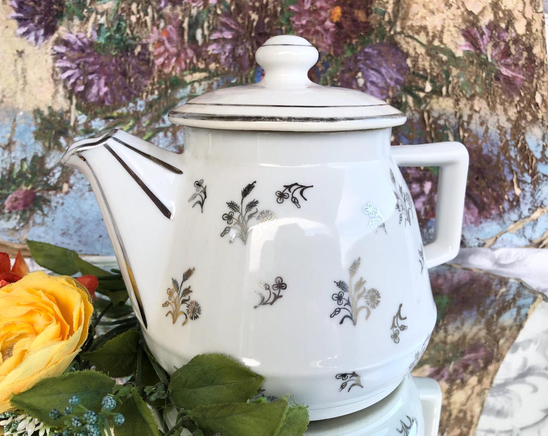 French Vintage Teapot in White With Gold Flowers & Silver / Charming ...
