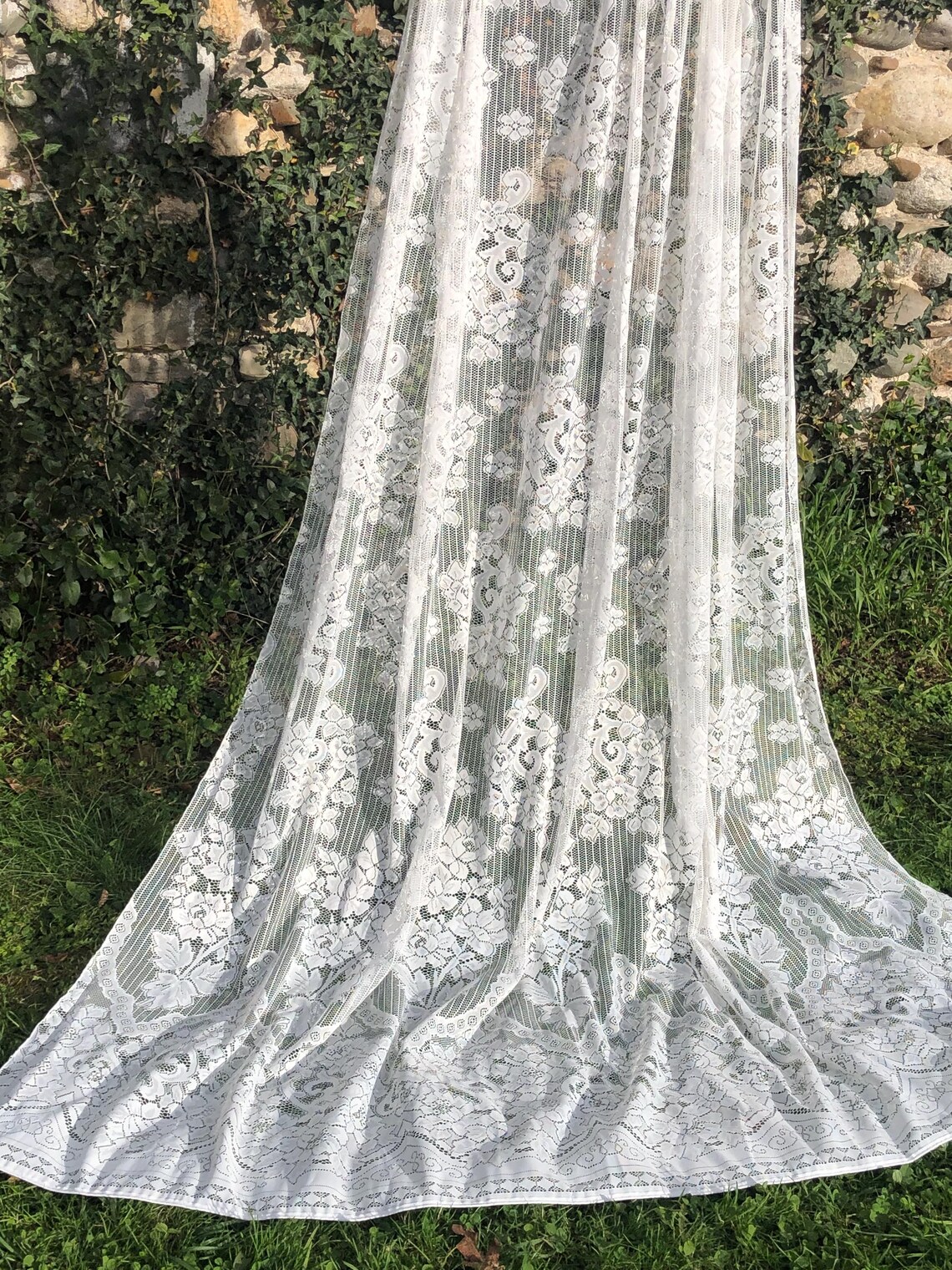 French Vintage White Net Curtain Panel With Large Floral Detailing ...