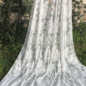 French Vintage White Net Curtain Panel With Large Floral Detailing ...