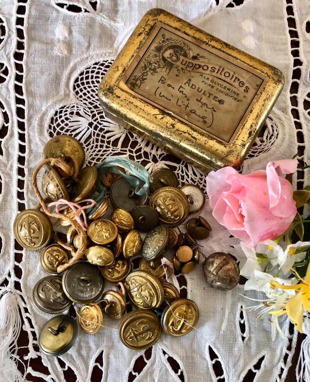 Old Pharmacy Tin Containing A Variety of Brass Military Buttons ...