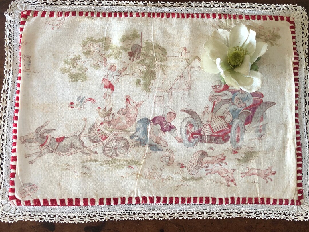 French Antique Handkerchief With Charming & Whimsical Design of A Car ...