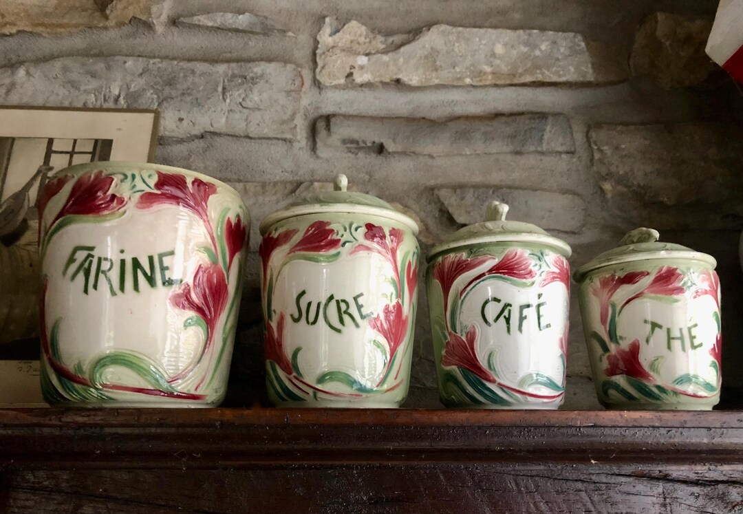 Set of Four French Antique Porcelain Majolica Art Nouveau Canisters ...