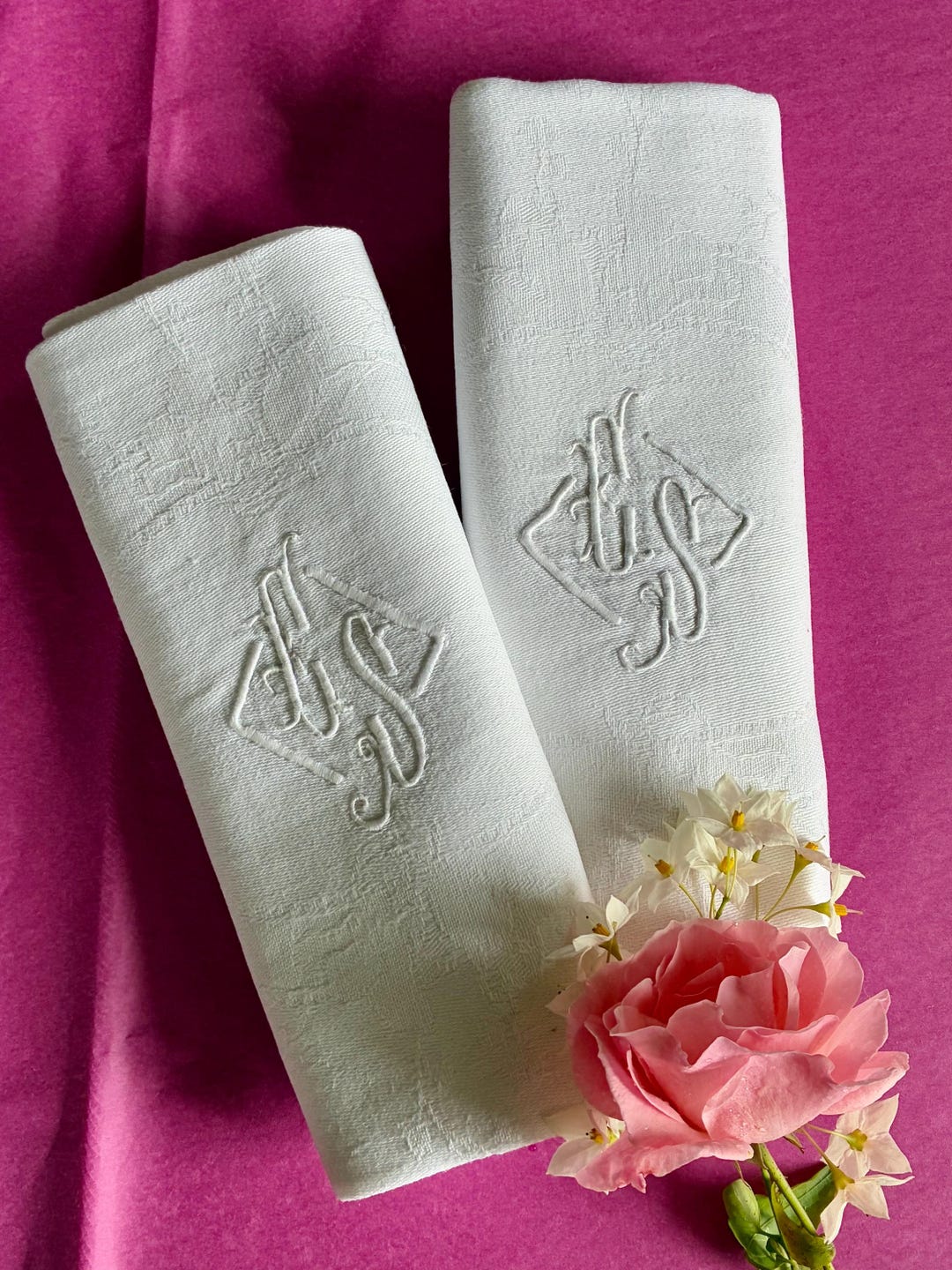 Two French Antique White Linen/cotton Damask Napkins With Hand ...