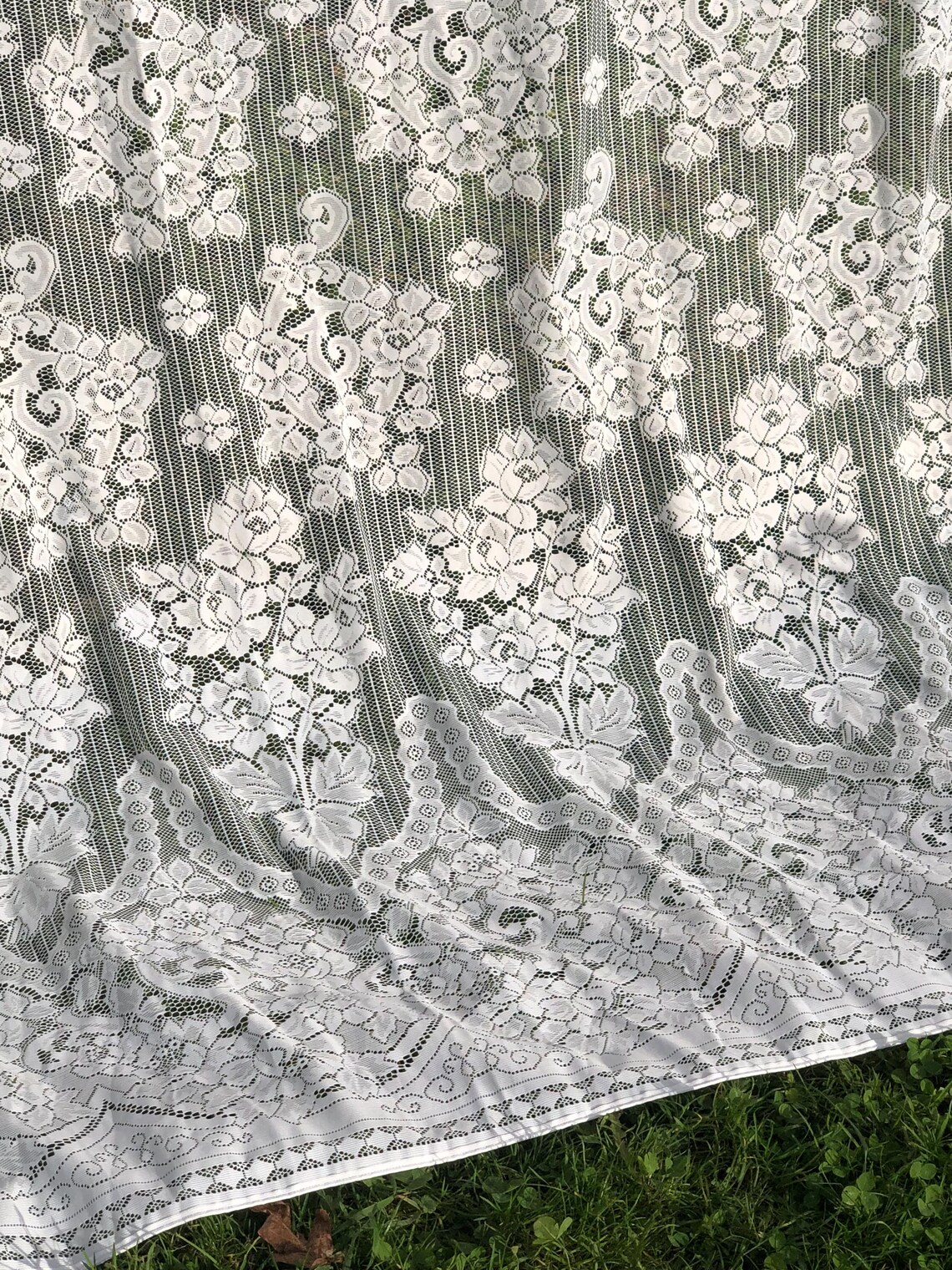 French Vintage White Net Curtain Panel With Large Floral Detailing ...