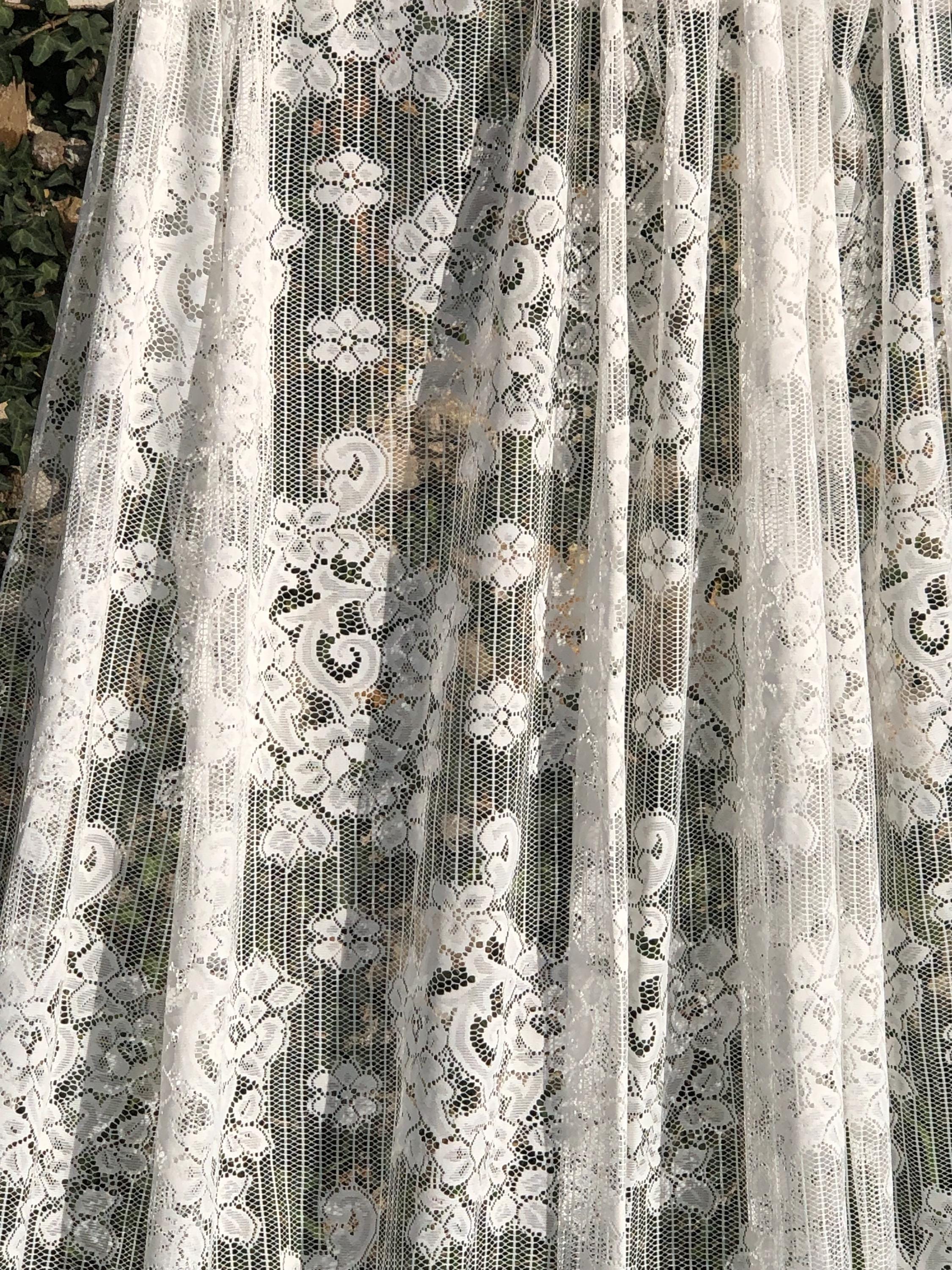 French Vintage White Net Curtain Panel With Large Floral Detailing ...
