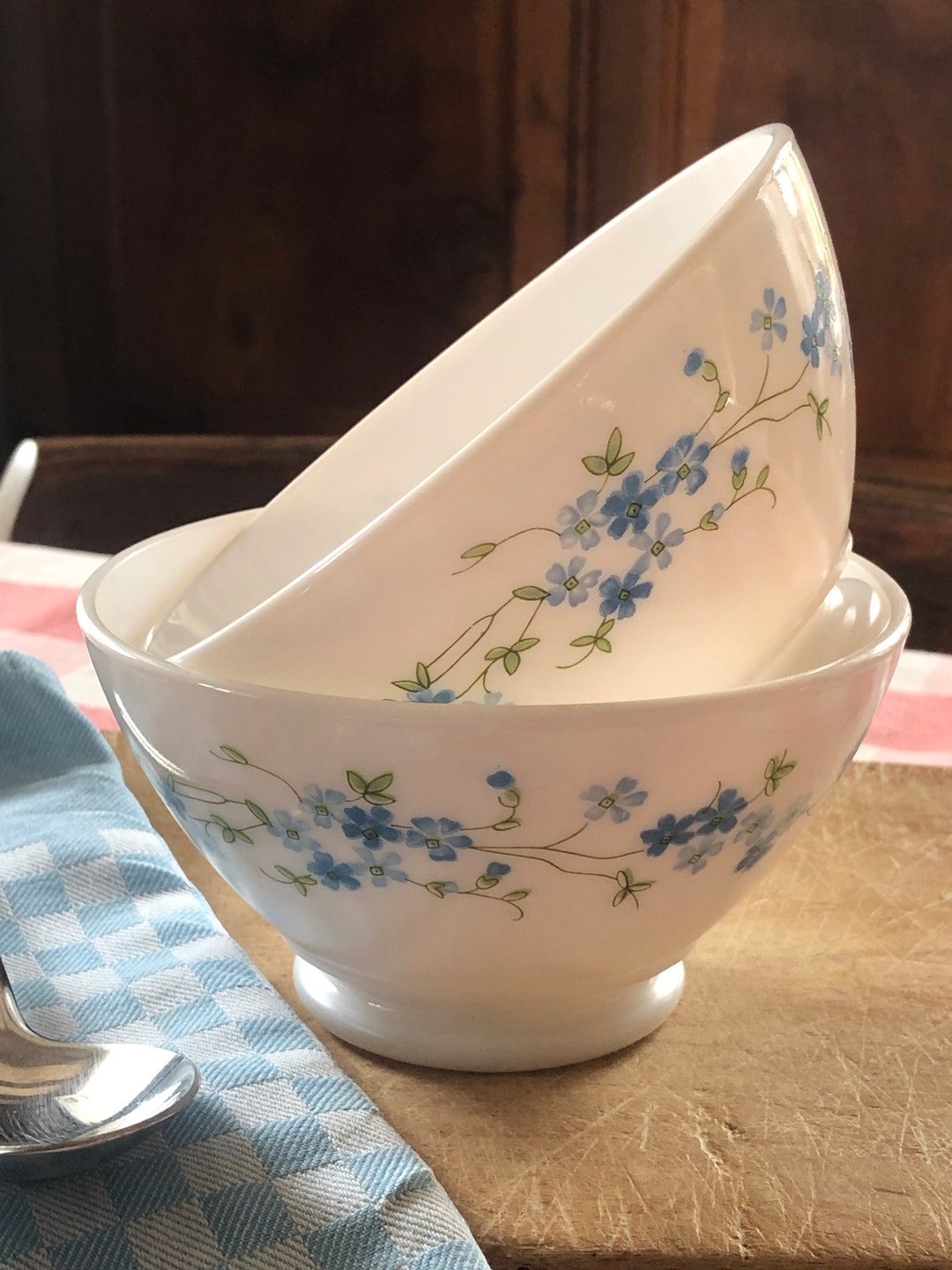 Two French Vintage Arcopal Milk Glass Café Au Lait Bowls With Forget Me ...