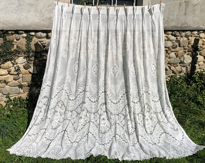 Large French Vintage White Lace/net Curtain Panel / Romantic & Pretty ...