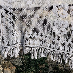 French Vintage White Embroidered on Filet Net Window Panel / Unique ...