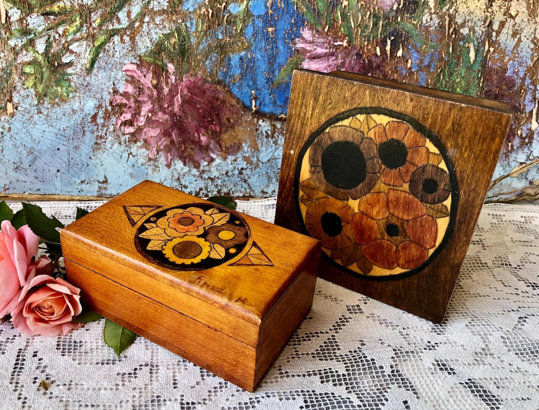 Two French Vintage 1920s Wooden Boxes / Lovely Hand Carved & Coloured ...