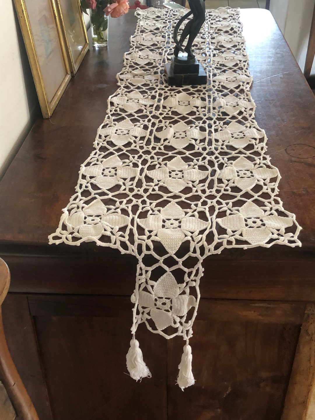French Vintage Long White Crocheted Table Runner / Stunning Hand ...
