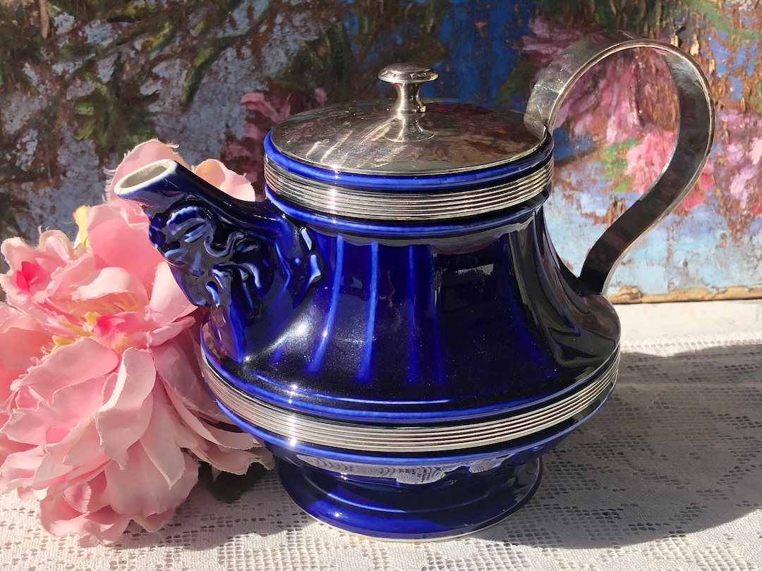 French Antique Porcelain Teapot in Cobalt Blue With Silver Plated ...