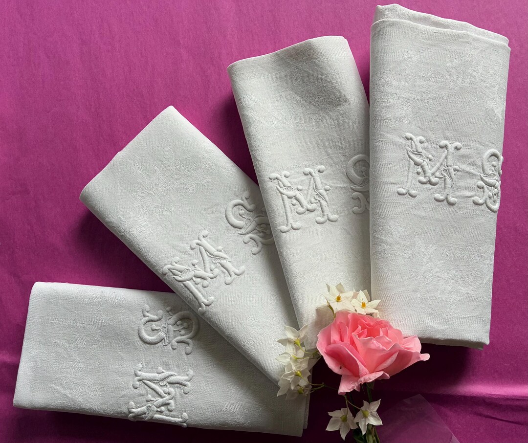 Four French Antique Linen Hand Embroidered Damask Napkins With Large ...
