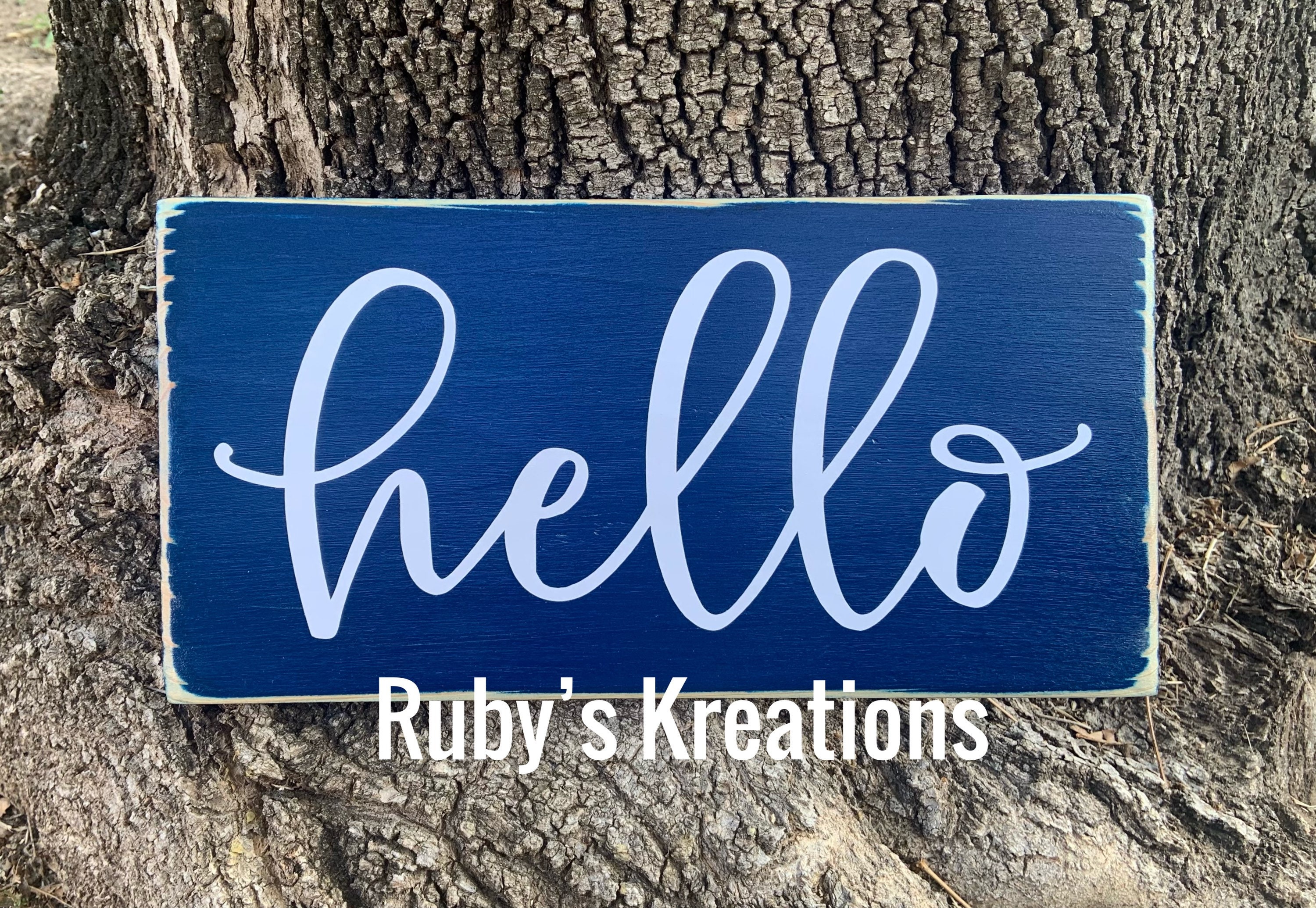Hello Wreath Sign Navy Blue Farmhouse Sign Wooden Wall - Etsy