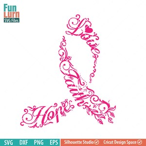 Breast Cancer Awareness SVG, Faith, Love, Hope, Flowers, Ornate Ribbon ...