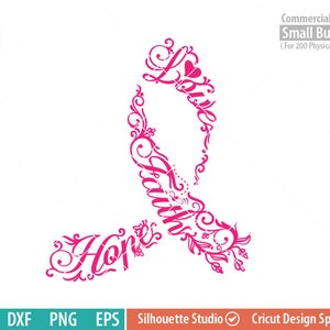 Breast Cancer Awareness SVG, Faith, Love, Hope, Flowers, Ornate Ribbon ...