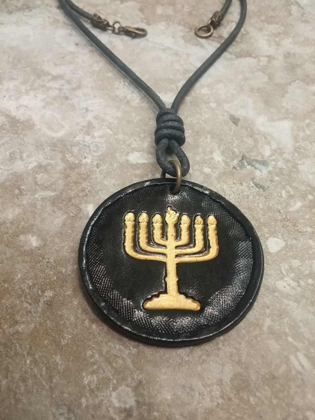 TORAH MENORAH Black Gold Leather Chanukah Necklace Jewish - Etsy