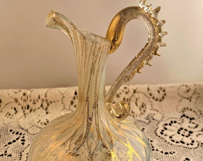 Small Hand Blown Art Glass Pitcher With Gold Flecks, Milky White Glass ...
