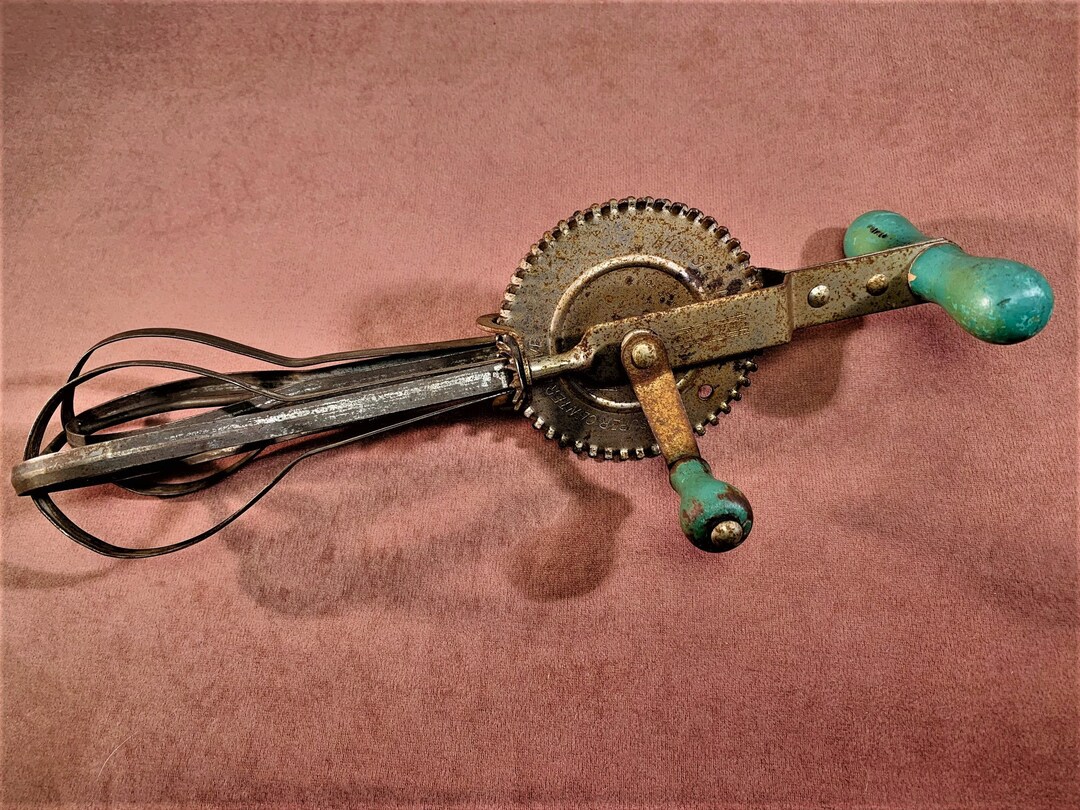 A & J Vintage Hand Beater Mixer W Green Wooden Handles, Retro Rotary ...