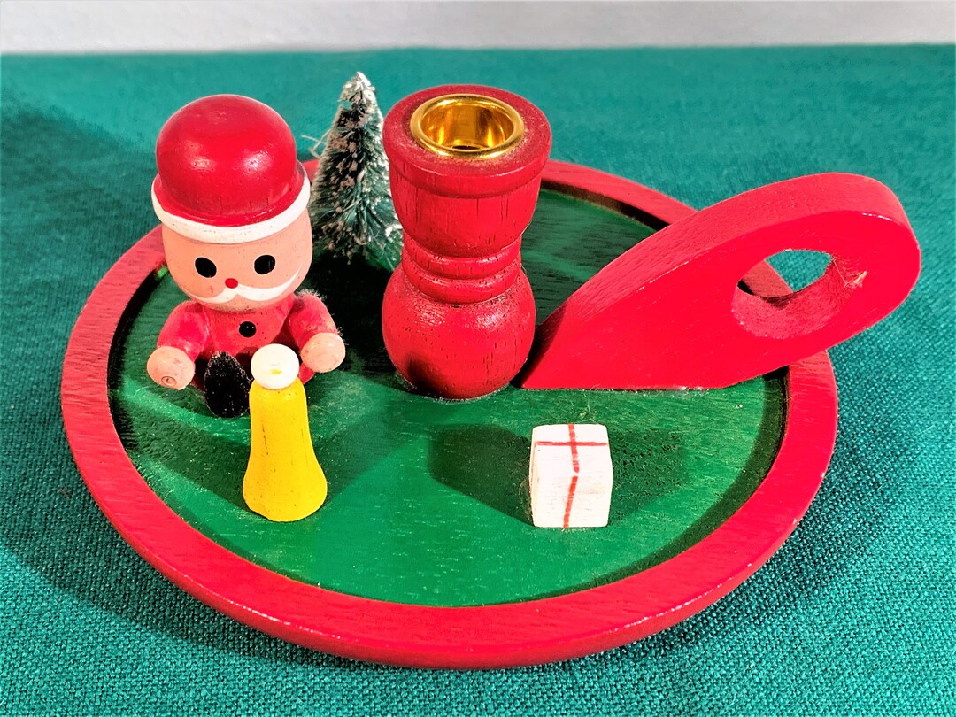 Vintage Giftco Santa Wooden Candlestick W Mini Bottle Brush Tree, Retro ...