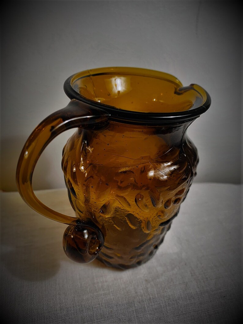 Vintage Miniature Dark Honey Amber Glass Pitcher With Textured Bark ...
