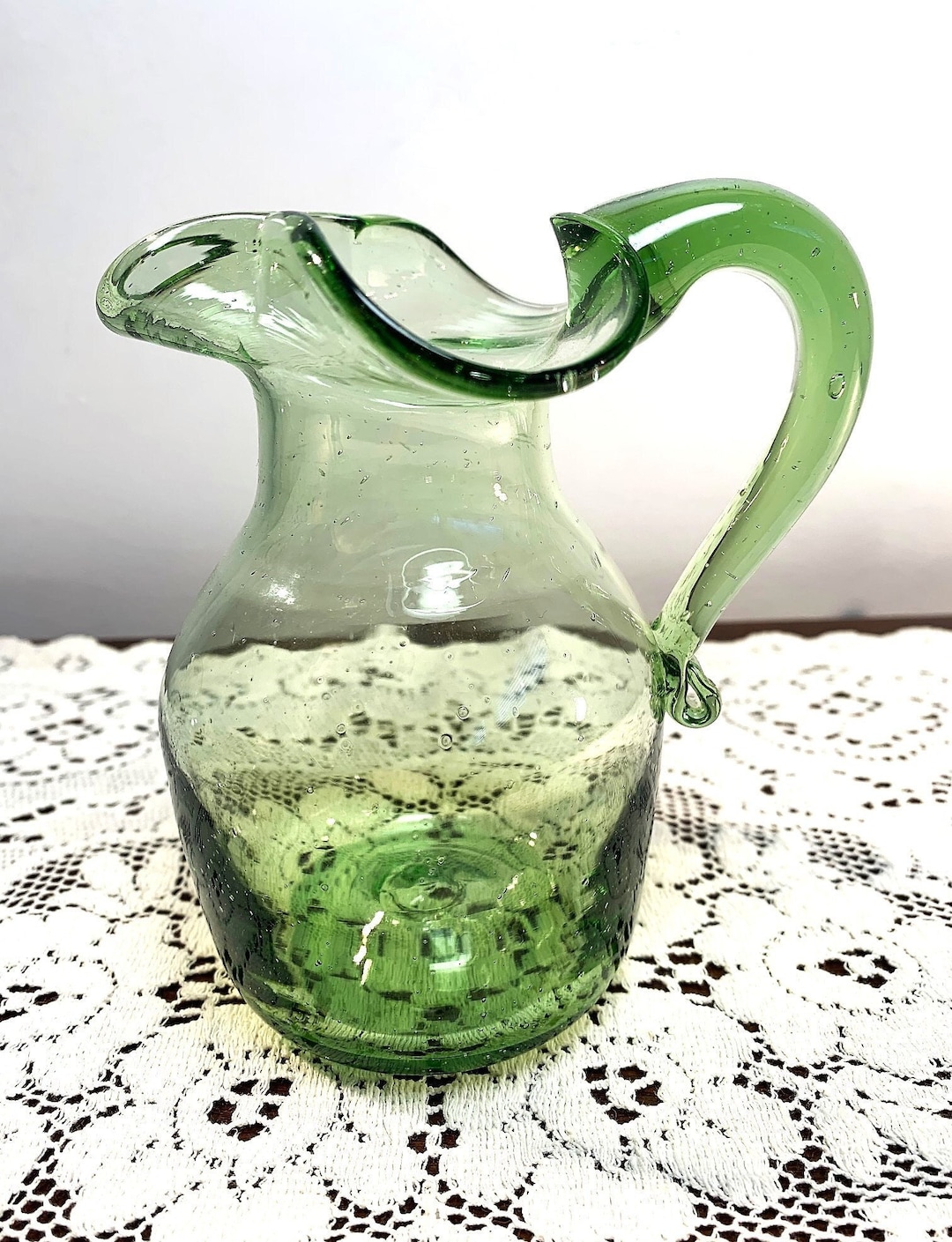 Vintage Hand Blown Green Glass Pitcher W Ruffled Top & Pontil Mark ...